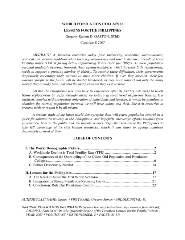 (PDF) WORLD POPULATION COLLAPSE: LESSONS FOR THE PHILIPPINES