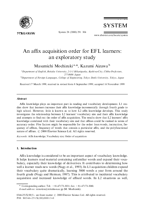 (PDF) An affix acquisition order for EFL learners: an exploratory study