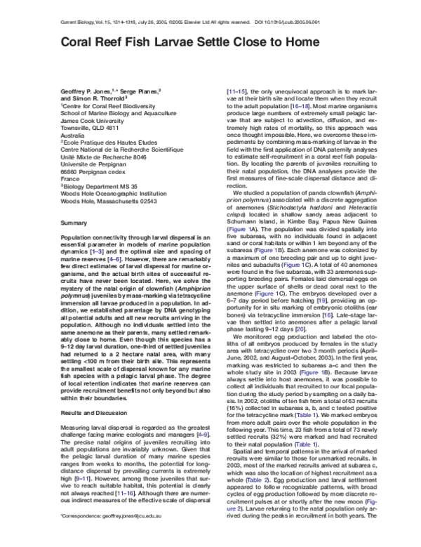 (PDF) Coral Reef Fish Larvae Settle Close to Home
