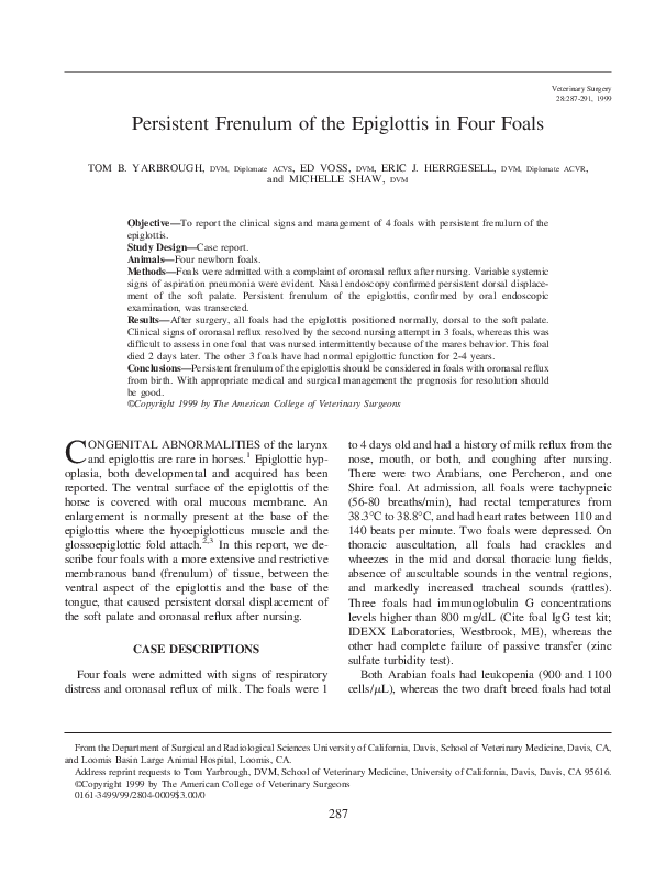 (PDF) Persistent Frenulum of the Epiglottis in Four Foals