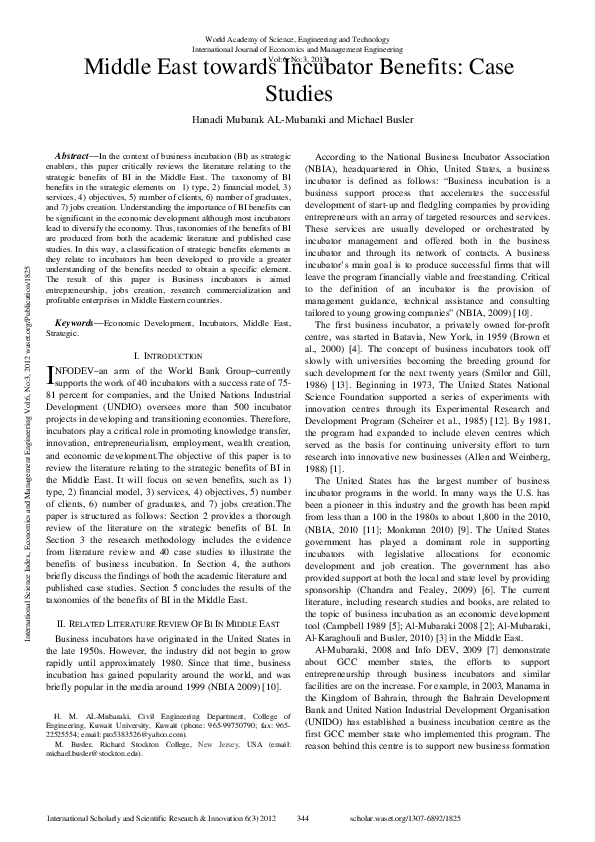 (PDF) Middle East Towards Incubator Benefits: Case Studies