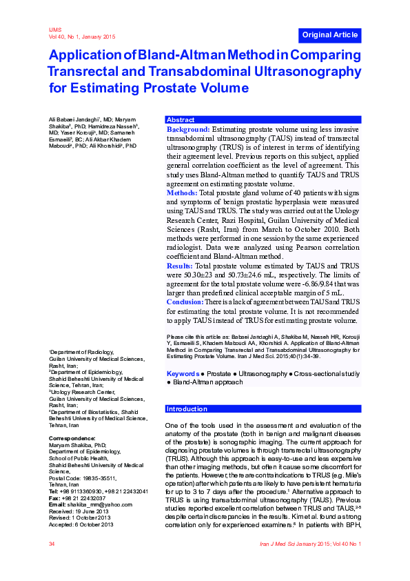 (PDF) Application of bland-altman method in comparing transrectal and ...