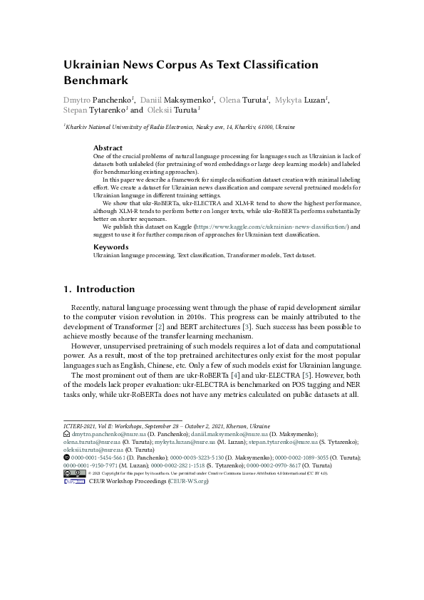 (PDF) Ukrainian News Corpus As Text Classification Benchmark