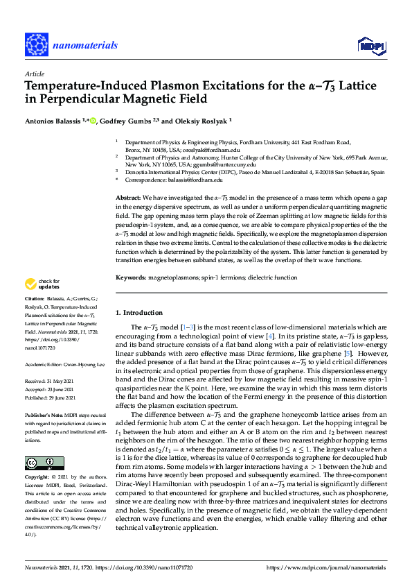 (PDF) Temperature-Induced Plasmon Excitations for the α–T3 Lattice in ...
