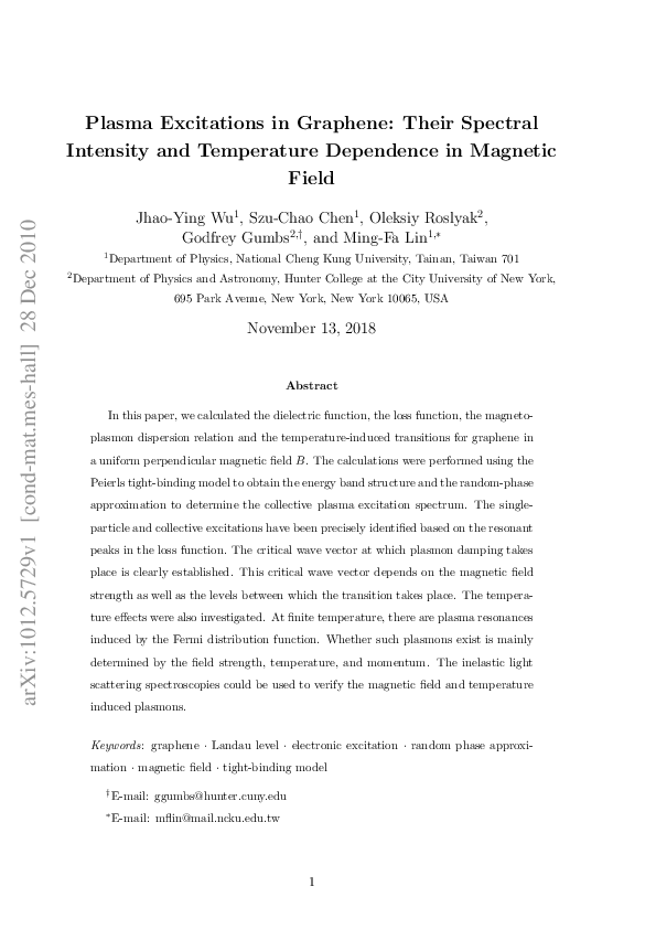 (PDF) Plasma Excitations in Graphene: Their Spectral Intensity and ...