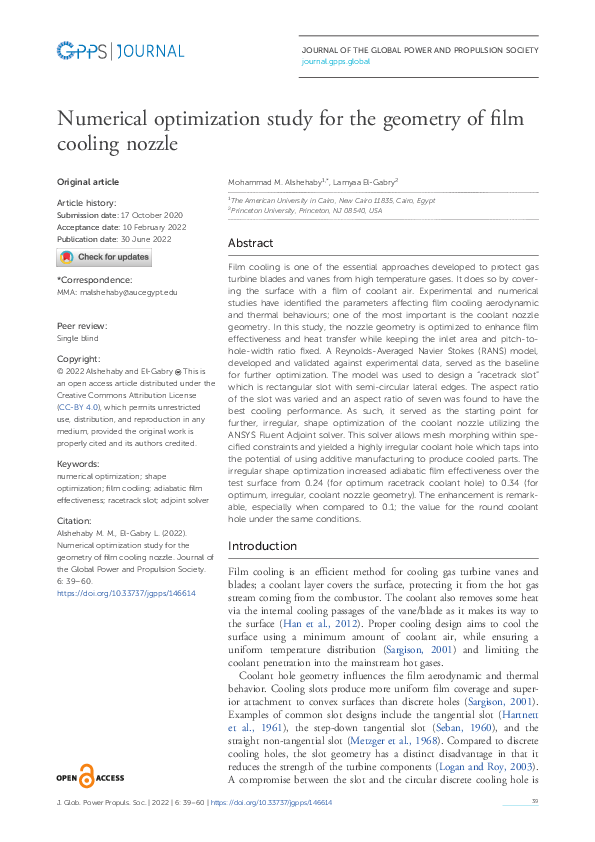 (PDF) Numerical optimization study for the geometry of film cooling nozzle