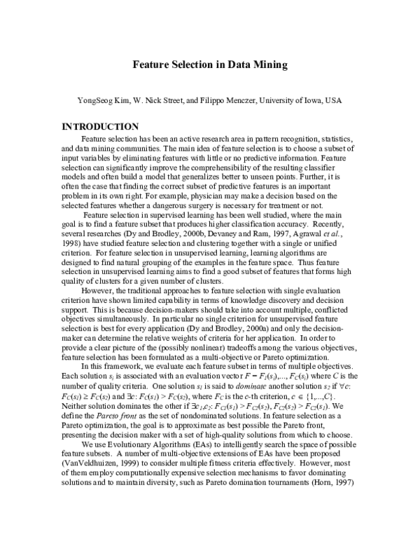 Pdf Feature Selection In Data Mining