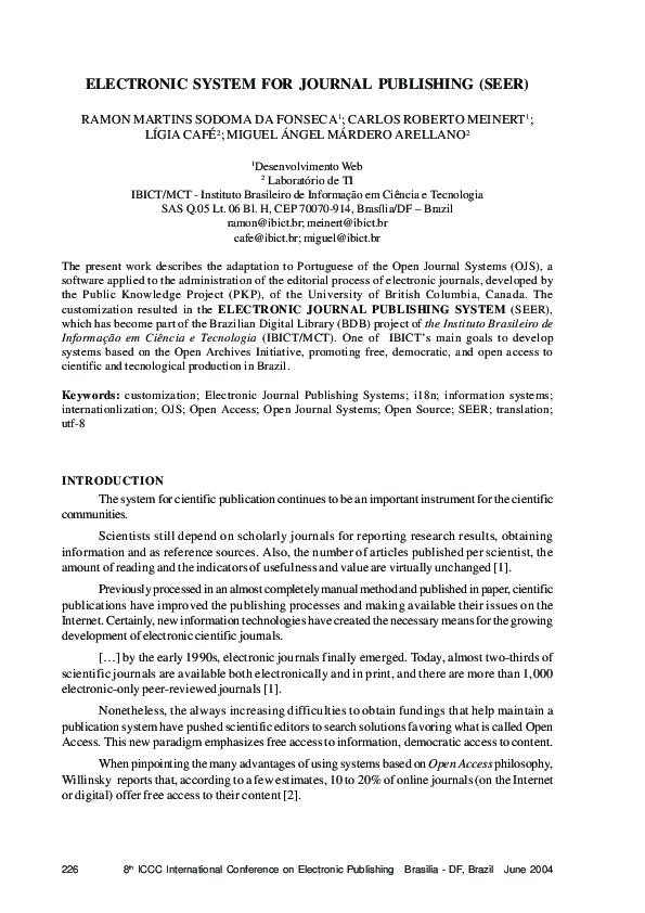 (PDF) Electronic system for journal publishing (SEER) (PDF) Electronic system for journal publishing (SEER)