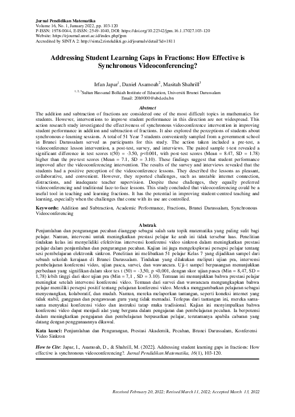 (PDF) Addressing Student Learning Gaps in Fractions: How Effective is Synchronous ...