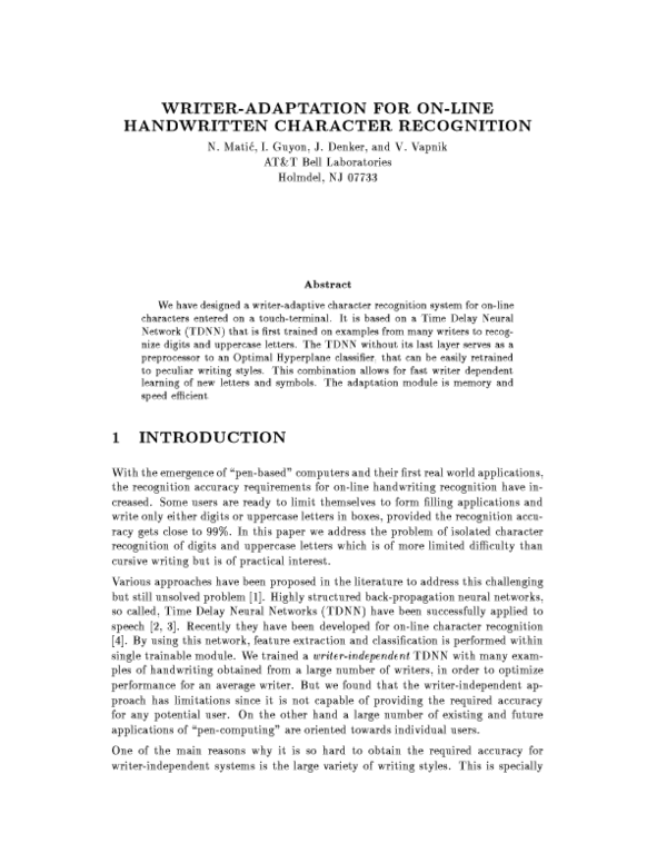 Pdf Writer Adaptation For On Line Handwritten Character Recognition