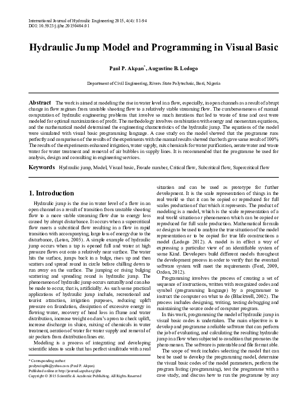 (PDF) Hydraulic Jump Model and Programming in Visual Basic