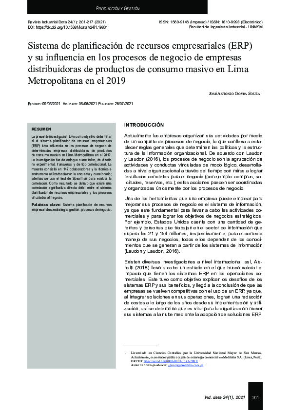(PDF) Sistema de planificación de recursos empresariales (ERP) y su influencia en los procesos ...