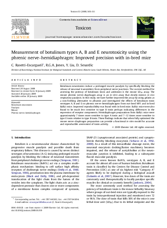 (PDF) Measurement of botulinum types A, B and E neurotoxicity using the ...