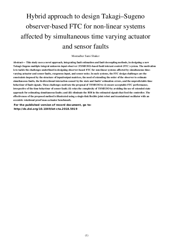 (PDF) Hybrid approach to design Takagi–Sugeno observer‐based FTC for non‐linear systems affected ...