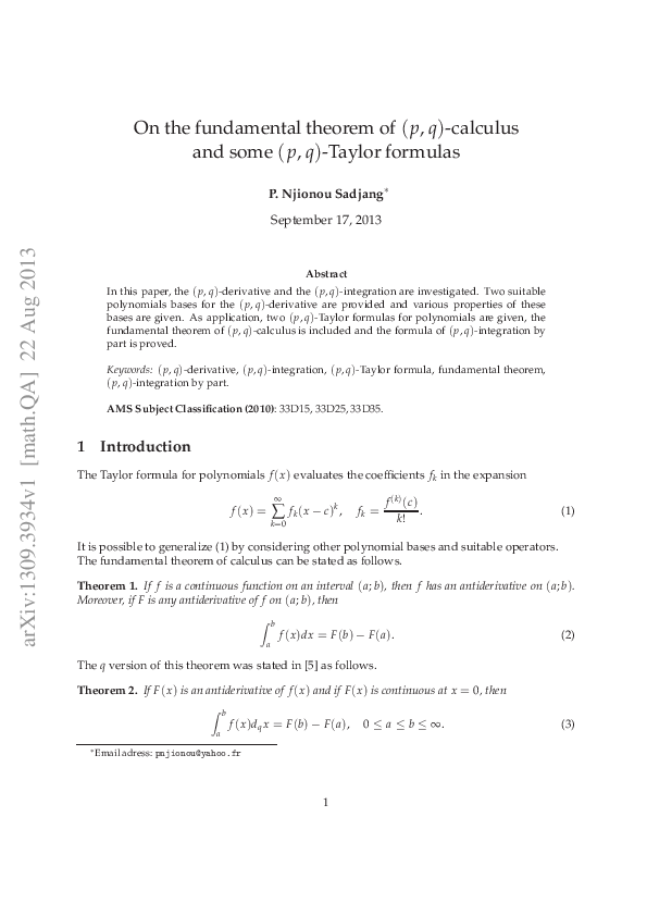 Pdf On The Fundamental Theorem Of P Q Calculus And Some P Q Taylor Formulas