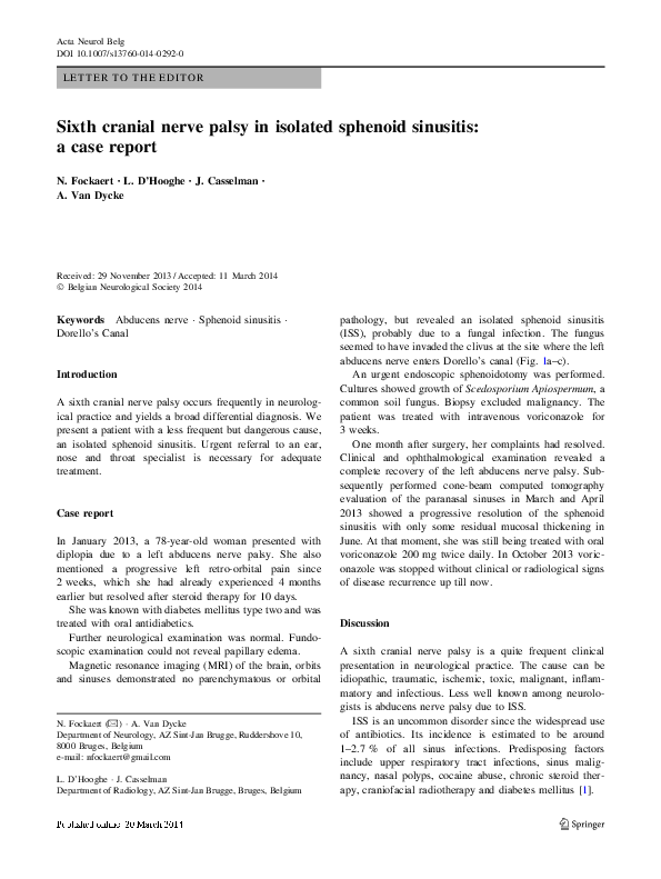 Pdf Sixth Cranial Nerve Palsy In Isolated Sphenoid Sinusitis A Case