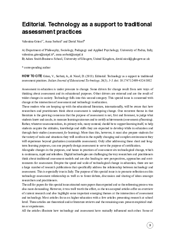 (PDF) Editorial. Technology as a Support to Traditional Assessment ...
