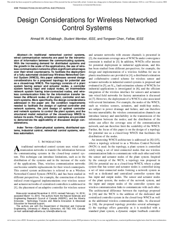 Pdf Design Considerations For Wireless Networked Control Systems