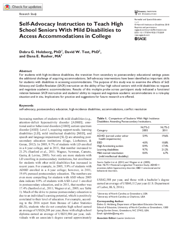 (PDF) Self-Advocacy Instruction to Teach High School Seniors With Mild ...