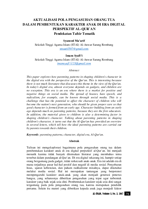 (PDF) Aktualisasi Pola Pengasuhan Orang Tua Dalam Pembentukan Karakter Anak DI Era Digital ...