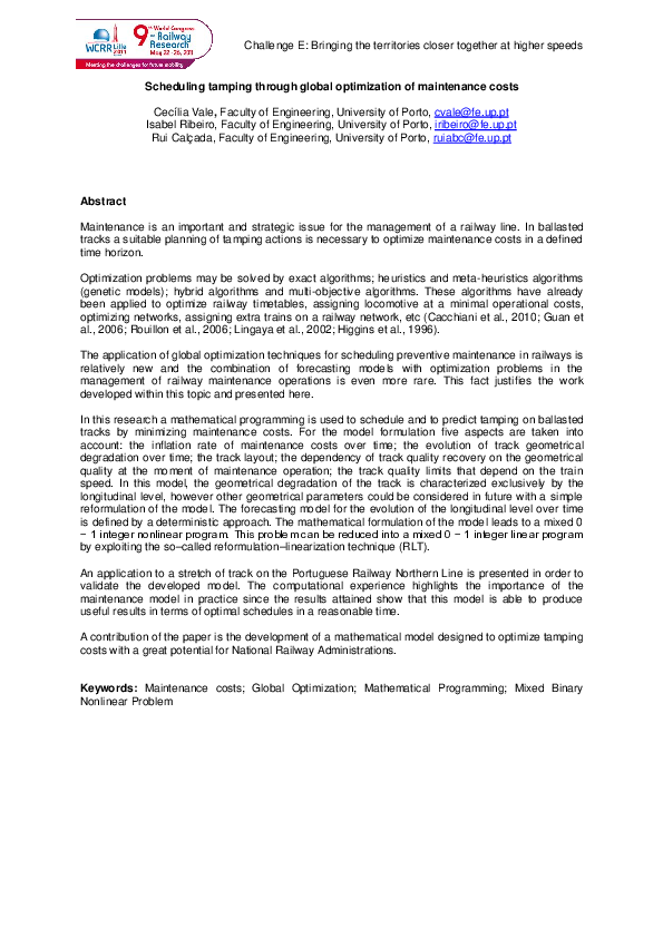 (PDF) Scheduling tamping through global optimization of maintenance costs