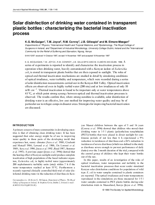 (PDF) Solar disinfection of drinking water contained in transparent ...