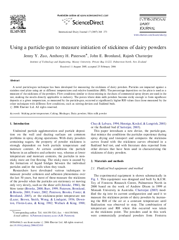 (PDF) Using a particle-gun to measure initiation of stickiness of dairy powders