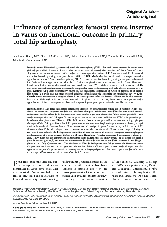 (PDF) Influence of cementless femoral stems inserted in varus on ...