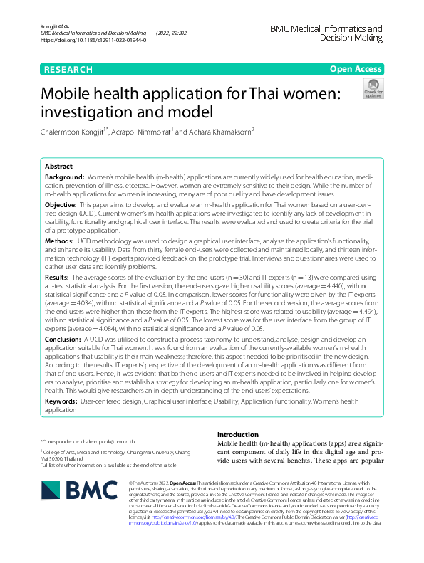 (PDF) Mobile health application for Thai women: investigation and model