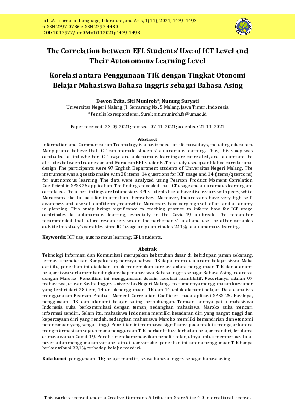 (PDF) The Correlation between EFL Students' Use of ICT Level and Their Autonomous Learning Level