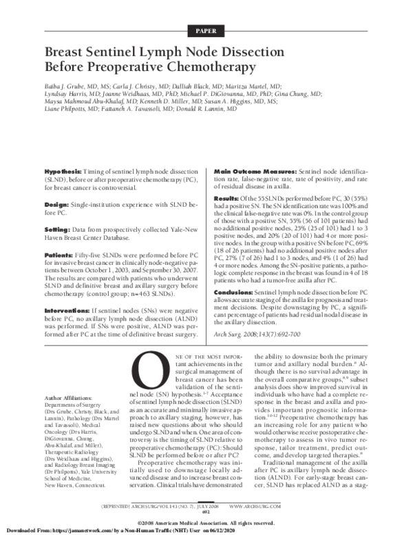 (PDF) Breast Sentinel Lymph Node Dissection Before Preoperative ...