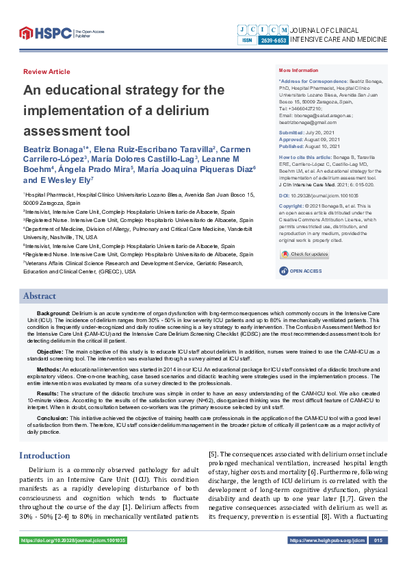 (PDF) An educational strategy for the implementation of a delirium ...