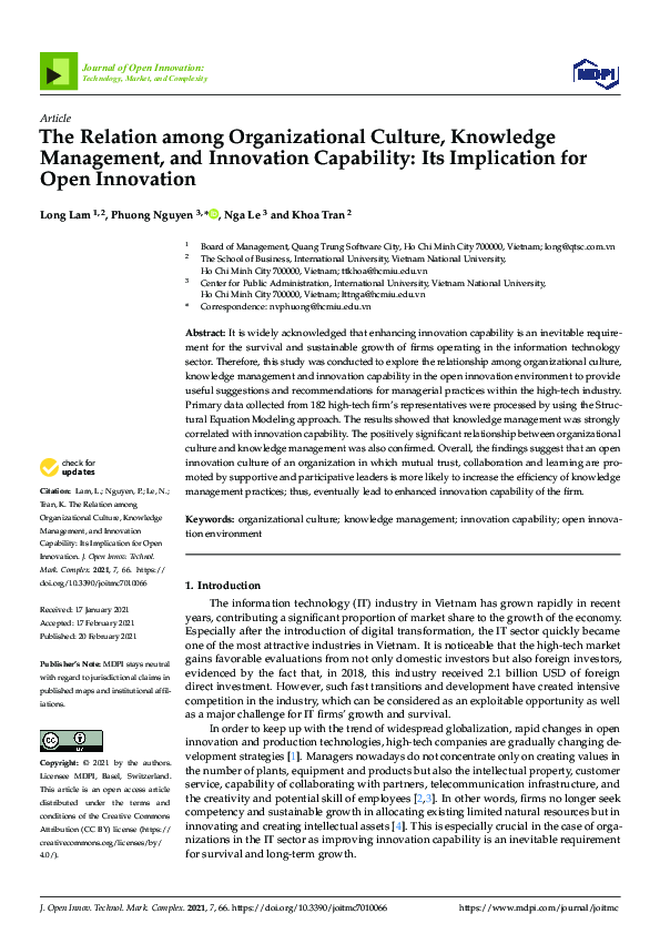 (PDF) The Relation among Organizational Culture, Knowledge Management, and Innovation Capability ...
