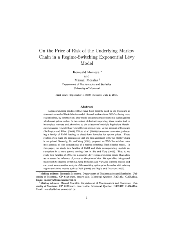 (PDF) On the Price of Risk of the Underlying Markov Chain in a Regime-Switching Exponential Lévy ...