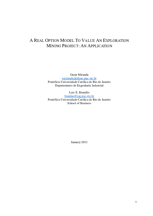 (PDF) A Real Option Model to Value an Exploration Mining Project: An Application