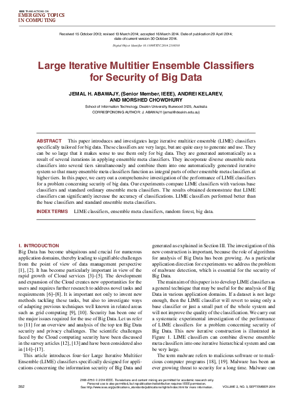 (PDF) Large Iterative Multitier Ensemble Classifiers for Security of Big Data