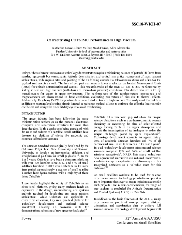 (PDF) Characterizing COTS IMU Performance in High Vacuum
