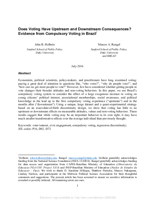 (PDF) Does Voting Have Upstream and Downstream Consequences? Evidence ...