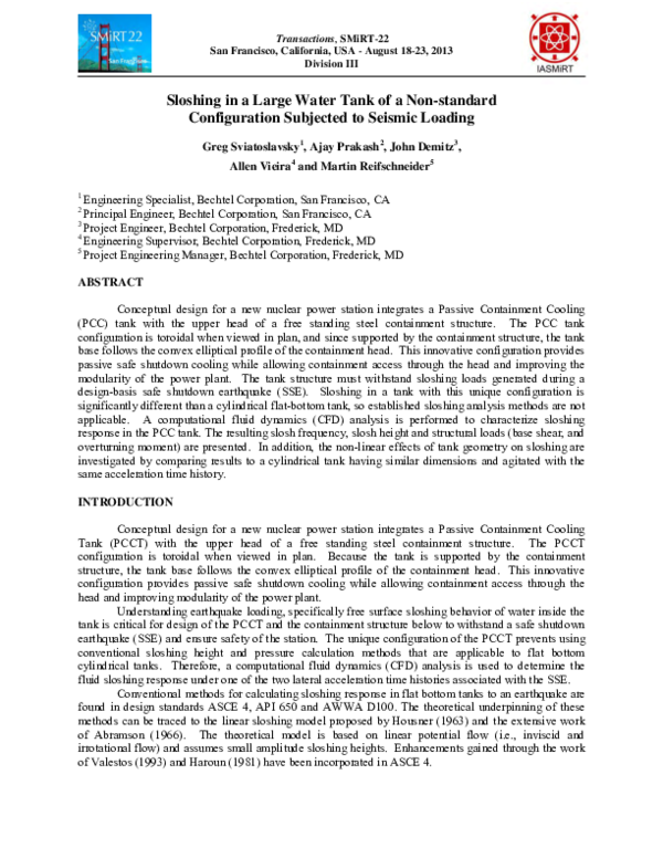 Pdf Sloshing In A Large Water Tank Of A Non Standard Configuration Subjected To Seismic Loading