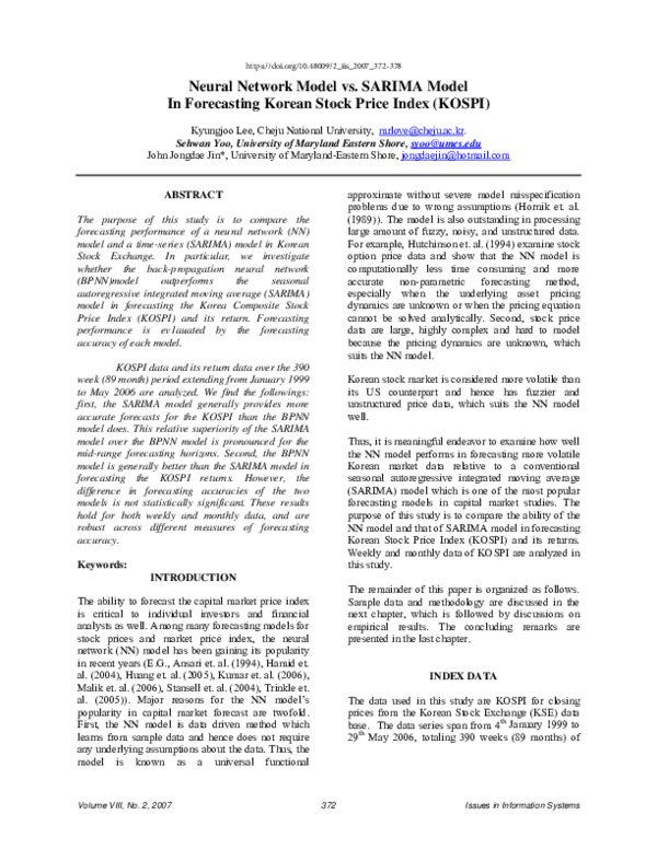 (PDF) Neural Network Model vs. Sarima Model in Forecasting Korean Stock Price Index (Kospi)