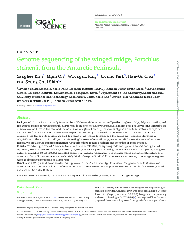 (PDF) Genome sequencing of the winged midge, Parochlus steinenii, from ...