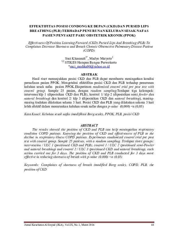 (PDF) Effektifitas Posisi Condong Ke Depan (CKD) Dan Pursed Lips Breathing (PLB) Terhadap ...