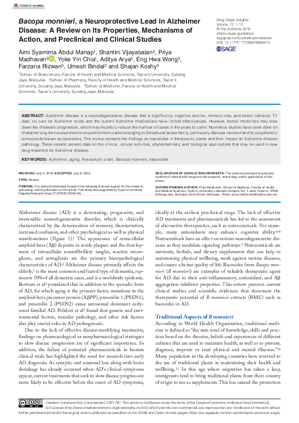 (PDF) Bacopa monnieri, a Neuroprotective Lead in Alzheimer Disease: A Review on Its Properties ...