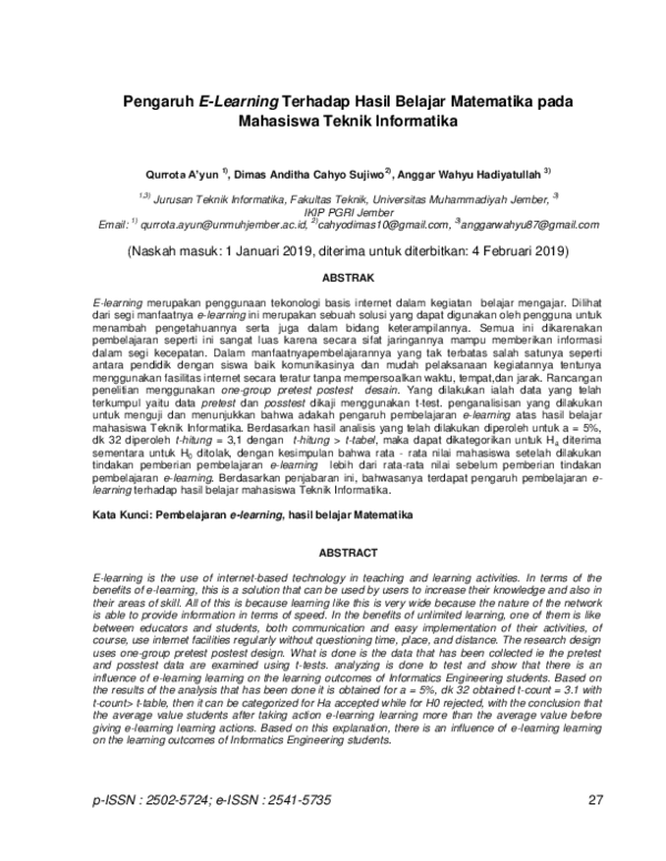 (PDF) Pengaruh E-Learning Terhadap Hasil Belajar Matematika pada Mahasiswa Teknik Informatika ...