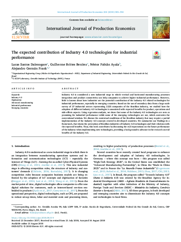 (PDF) The expected contribution of Industry 4.0 technologies for ...