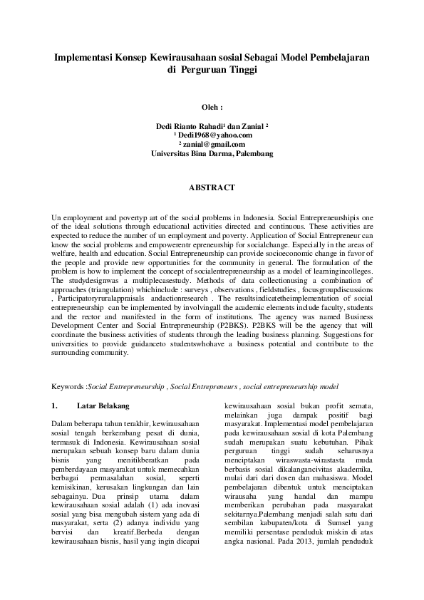 (PDF) Implementasi Konsep Kewirausahaan sosial Sebagai Model Pembelajaran di Perguruan Tinggi