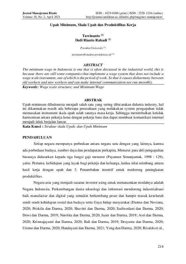 (PDF) Upah Minimum, Skala Upah dan Produktifitas Kerja | Dedi Rianto ...