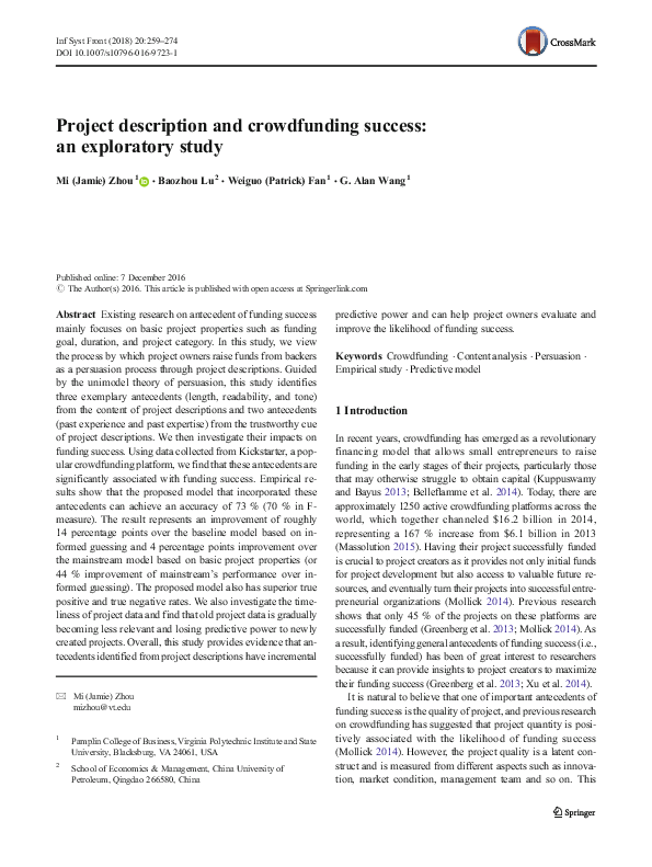 (PDF) Project description and crowdfunding success: an exploratory study