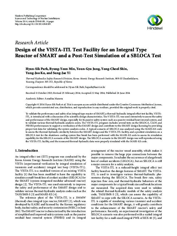 (PDF) Design of the VISTA-ITL Test Facility for an Integral Type ...