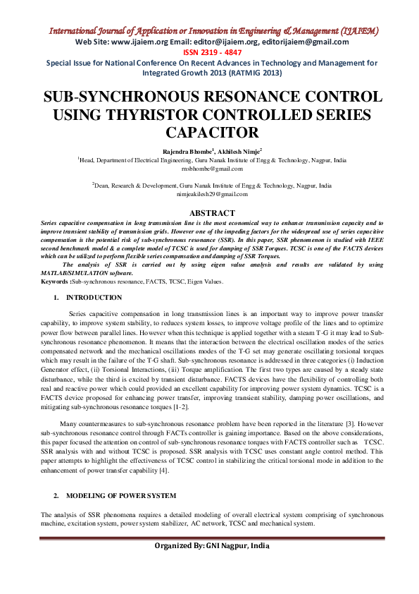 Pdf Sub Synchronous Resonance Control Using Thyristor Controlled